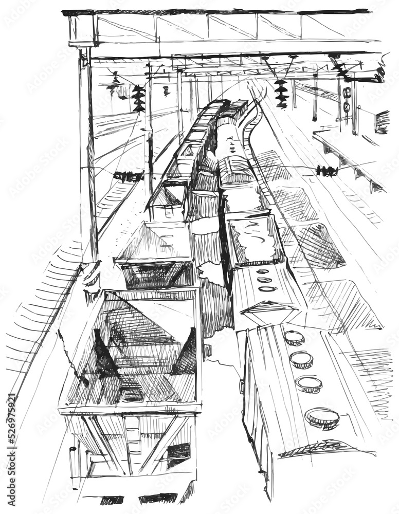 Artistic linear sketch of rolling stock. Monochrome graphic image of a ...