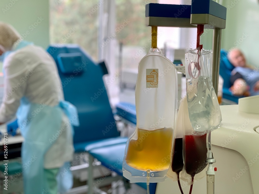 Donor gives blood plasma in the city blood transfusion station. The ...