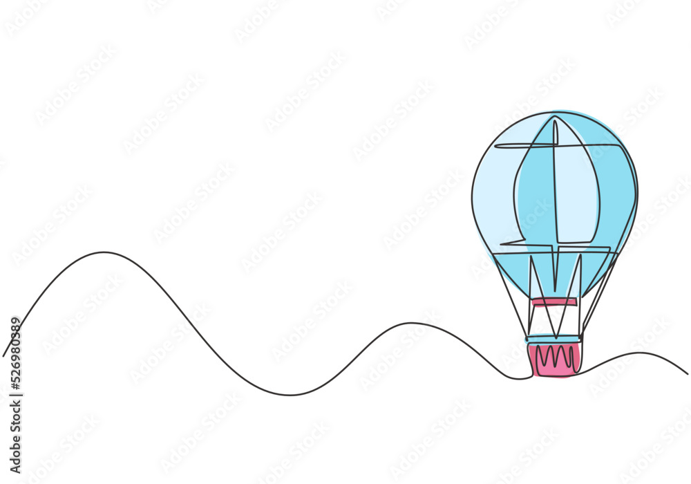 Continuous one line drawing hot air balloon with stripe pattern and a ...