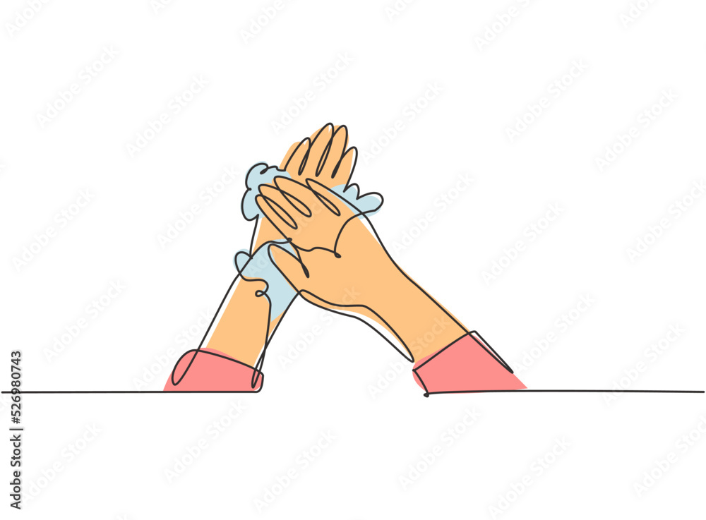 Single one line drawing of twelve steps hand washing by rubbing the ...