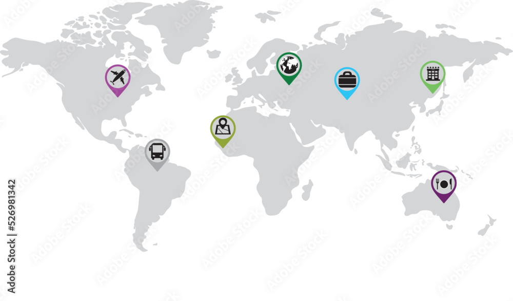 Grayscale world map with placed locations of different activity icons ...