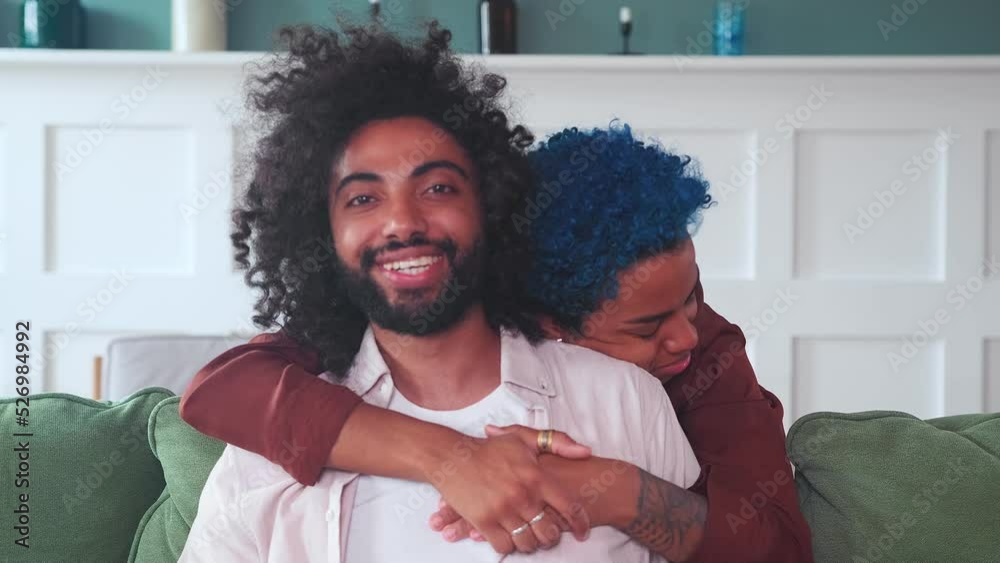 Young happy multiracial couple African American woman and Arabian man ...