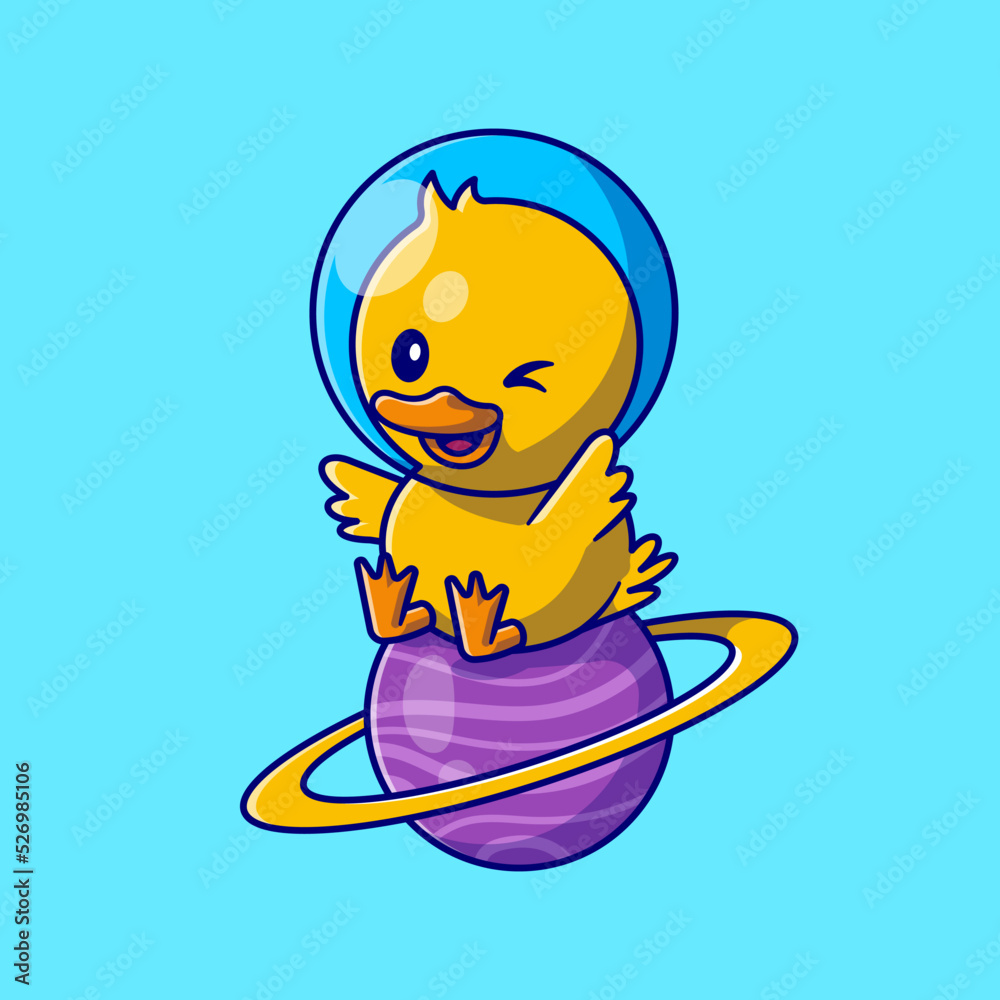 Cute Duck Astronaut Sitting On Planet Cartoon Vector Icon Illustration