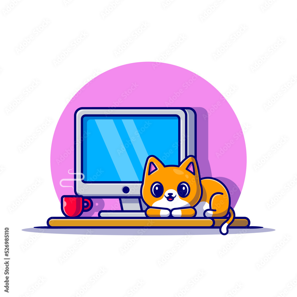 Cute Cat And Computer Cartoon Vector Icon Illustration. Animal ...