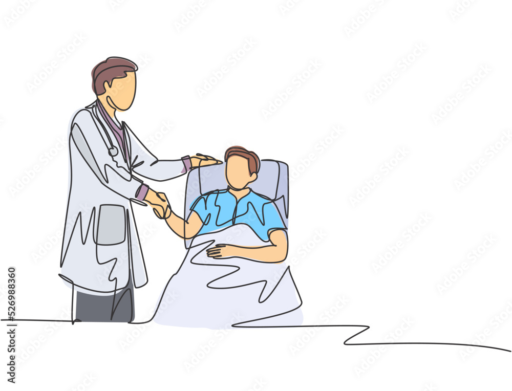 Continuous line drawing of young doctor visit a patient laying at bed ...
