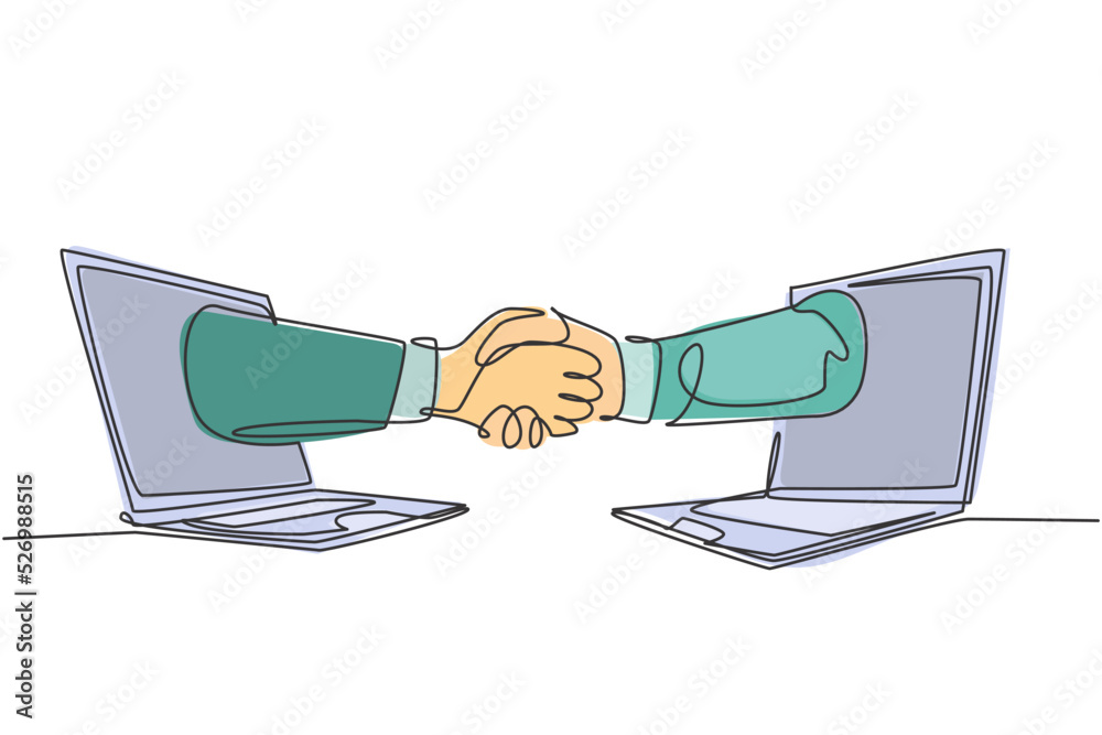 Continuous line drawing of business men shaking hand to deal a project ...