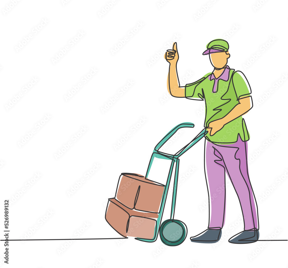 One line drawing of young delivery man gives thumbs up gesture while ...