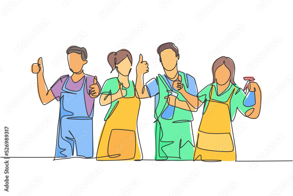 One line drawing of groups of group male and female janitor giving ...