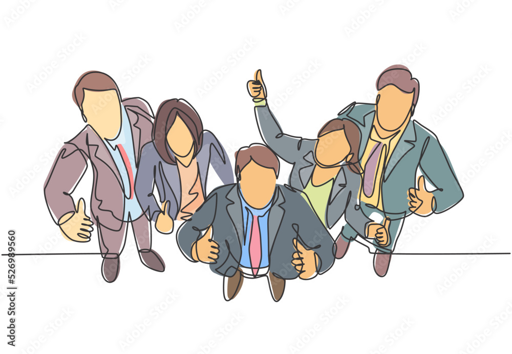Single line drawing group of line up young businessmen and ...