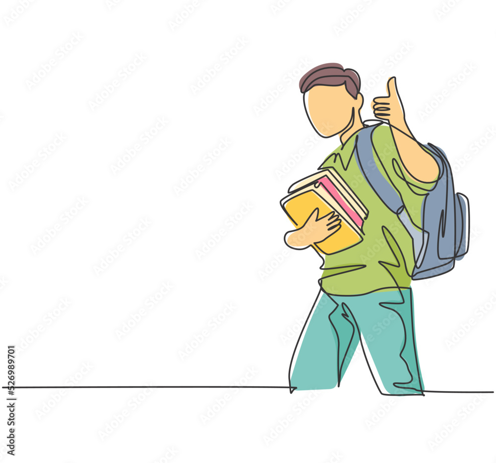 One line drawing of young happy elementary school boy student carrying ...