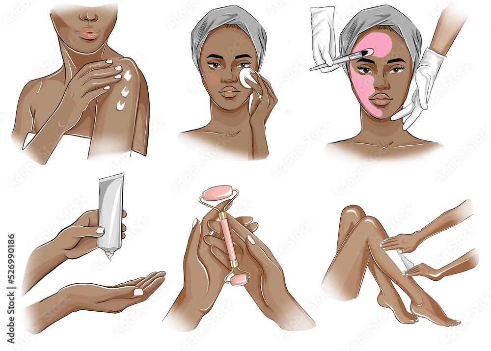 Set of hand drawn illustrations represents self care and beauty routine ...