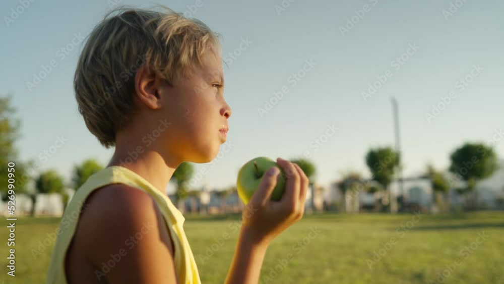 Cute child boy portrait stay in apple tree garden outdoors eating green ...