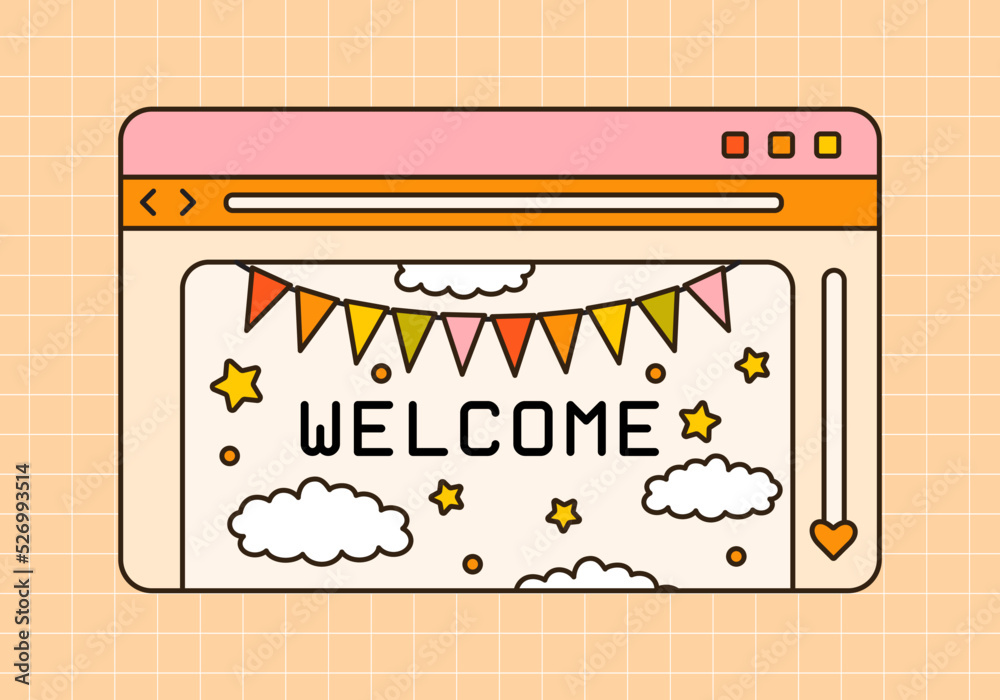 Vector illustration of retro computer browser with welcome banner ...