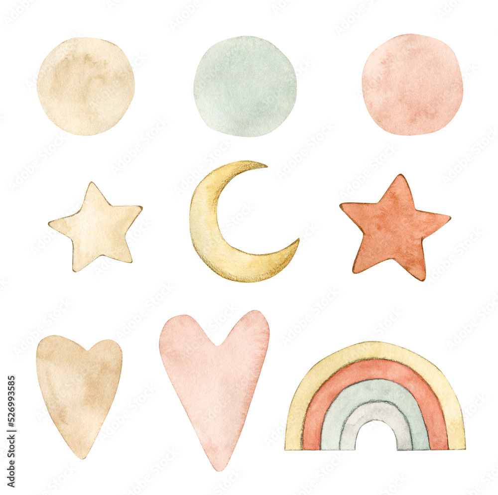 Watercolor illustration set with spots, stars, hearts and rainbow ...