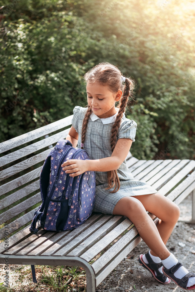 Back to school. A cute little schoolgirl in a dress with pigtails and ...