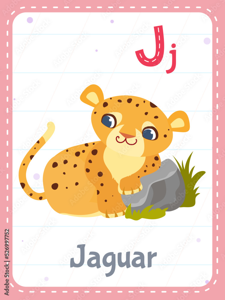 Alphabet printable flashcard with letter J. Cartoon cute jaguar animal and english word on flash ...