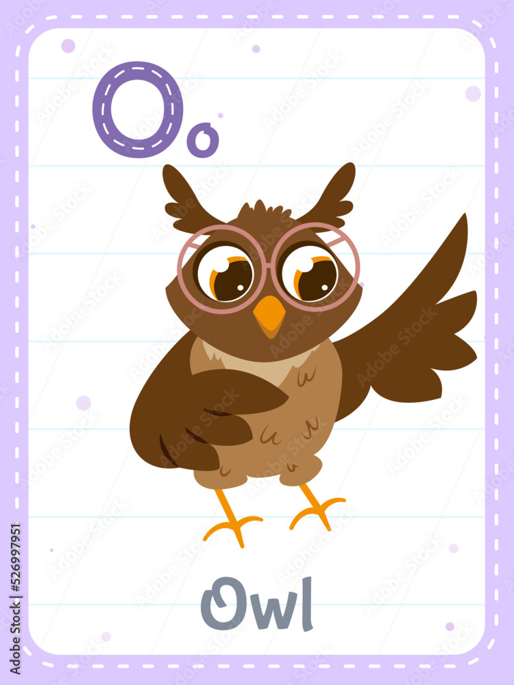 Alphabet printable flashcard with letter O. Cartoon cute owl bird ...