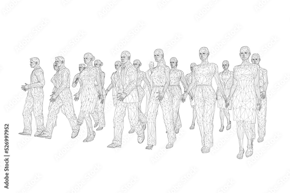 Wireframe of crowd of walking people from black lines isolated on white ...