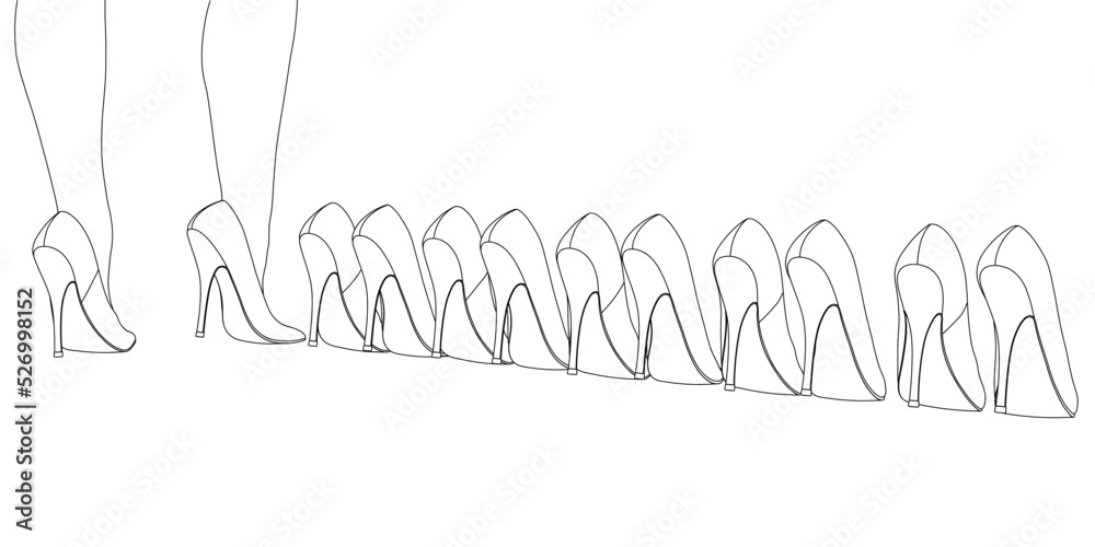 Outline of female legs in high heeled shoes and with a set of shoes ...