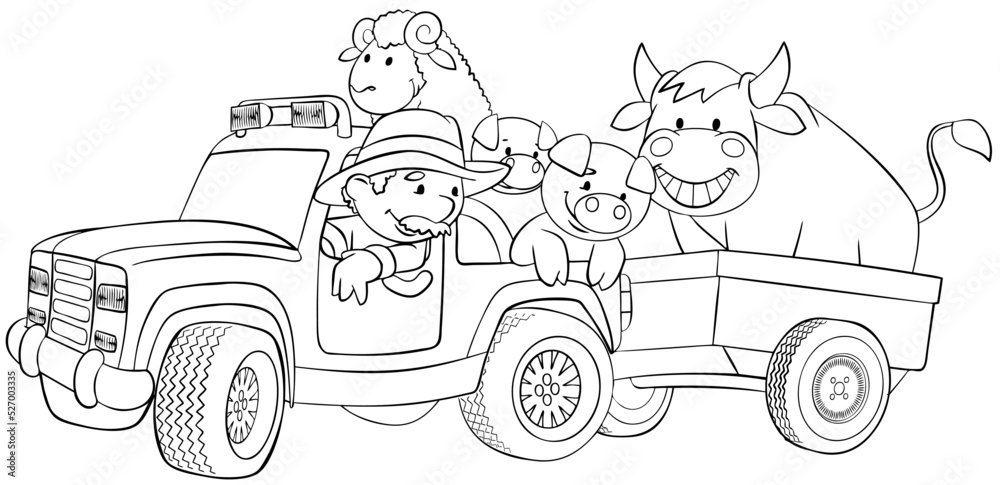 Farmer car and farm animals. Element for coloring page. Cartoon style ...