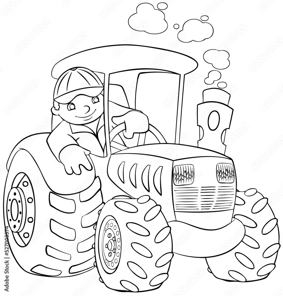 Farmer in tractor. Element for coloring page. Cartoon style. Stock ...