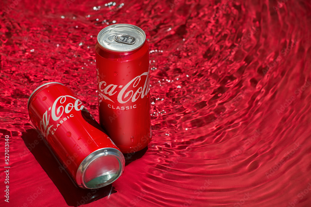 Tbilisi, Georgia - June 19, 2022. Close-up of Coca Cola drink jars ...