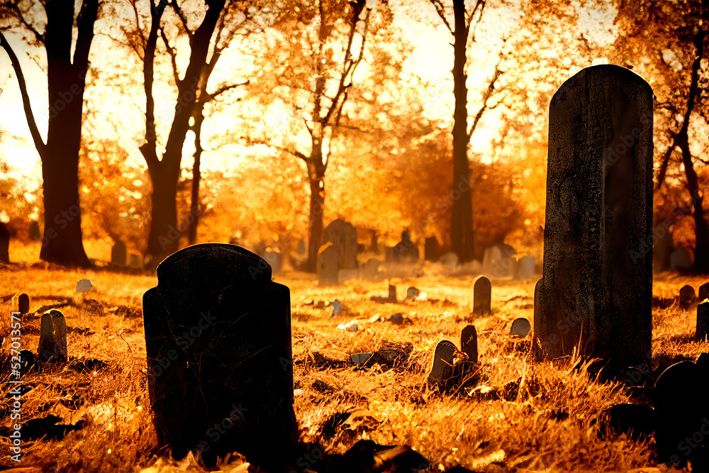 Old graveyard crooked headstones in autumn sunlight halloween style ...
