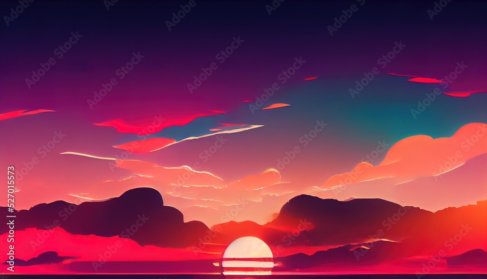 Beautiful red and orange sunset. Painting of a colorful sunrise ...