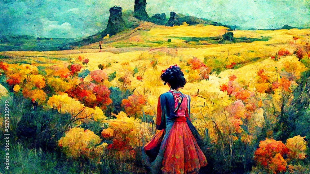 lonely woman thinking in front of a medieval flower field, folky poster ...