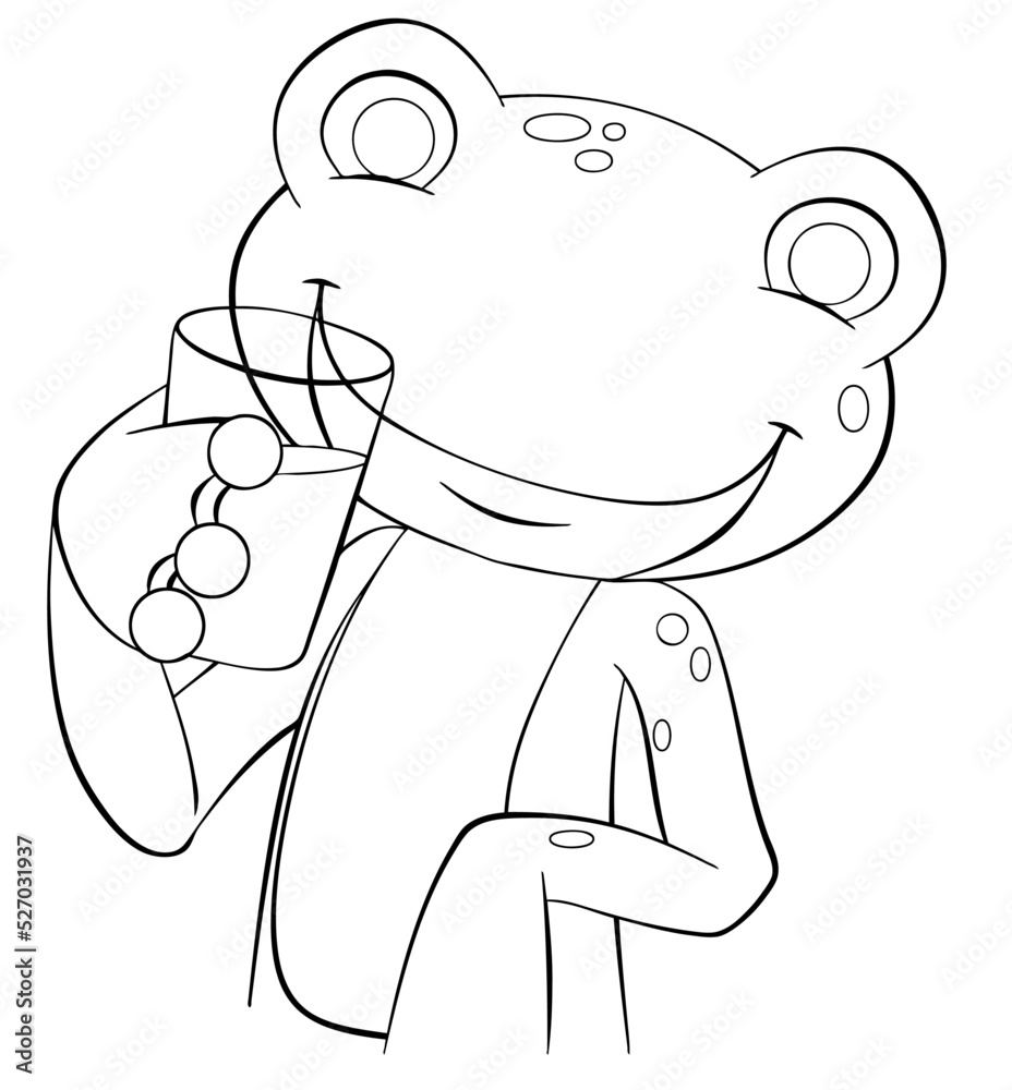 Frog with a cup of milk. Element for coloring page. Cartoon style ...