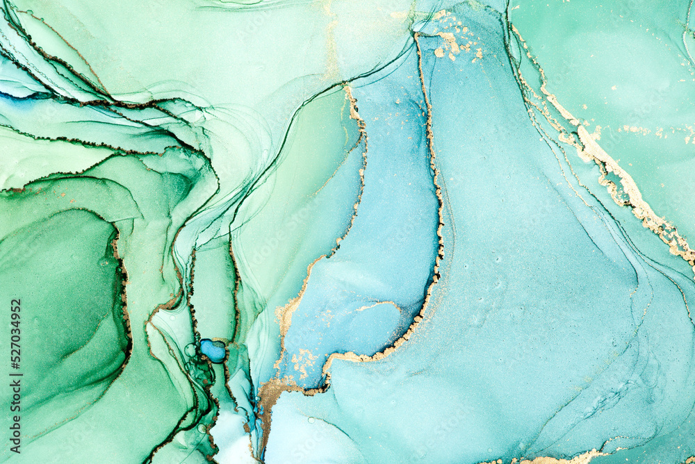 Royal green mint liquid marble watercolor background with gold lines ...