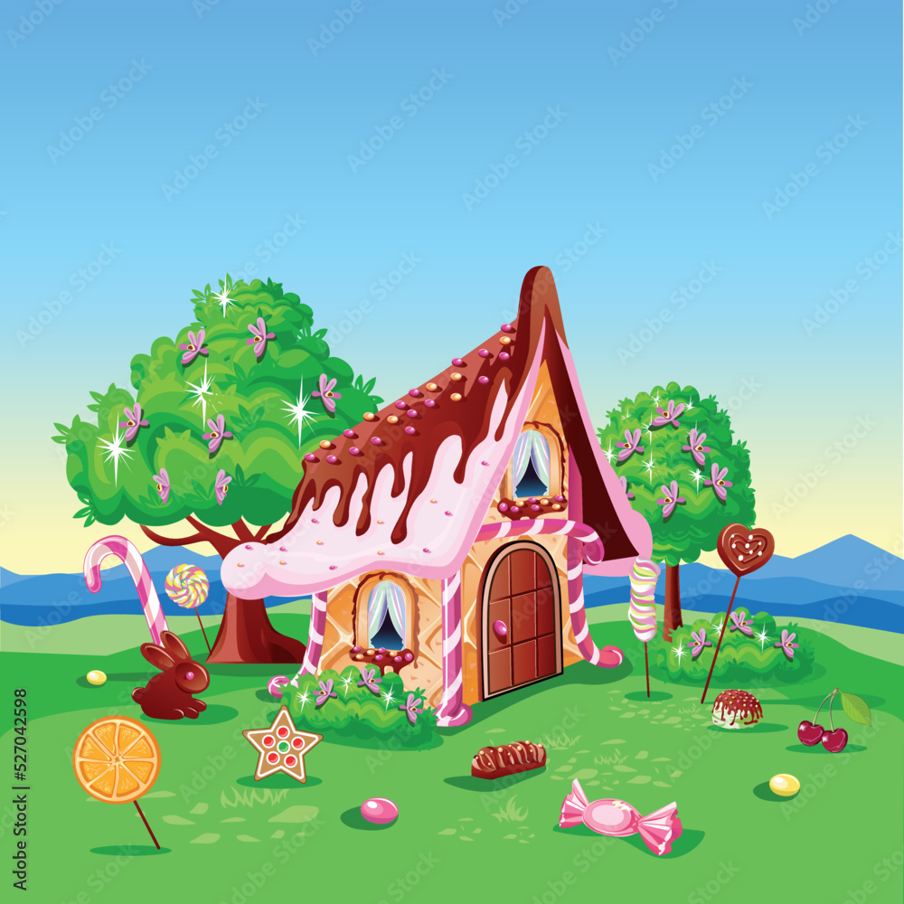 Sweet house with chocolate, waffles and cookies, decorated with sweets ...