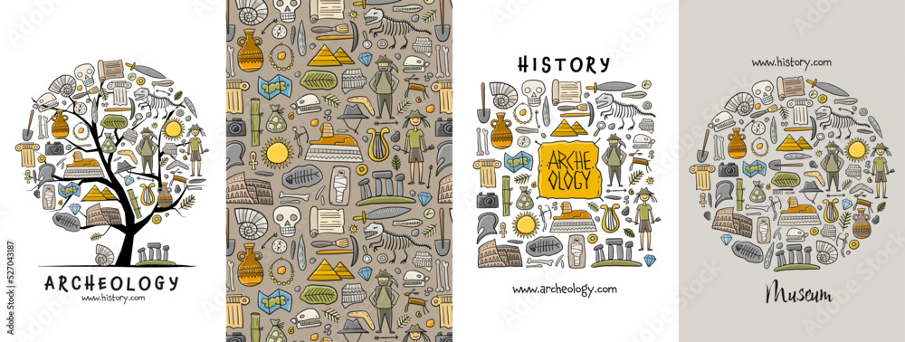 Archelogy, historic concept arts collection. Frame, background, tree ...