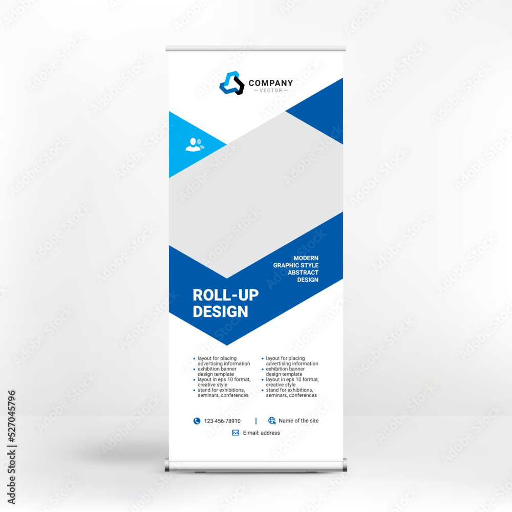 Roll-up design, geometric blue background for photos and text, creative ...