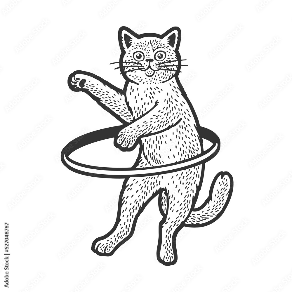 cat spins a hula hoop ring workout sketch engraving vector illustration ...