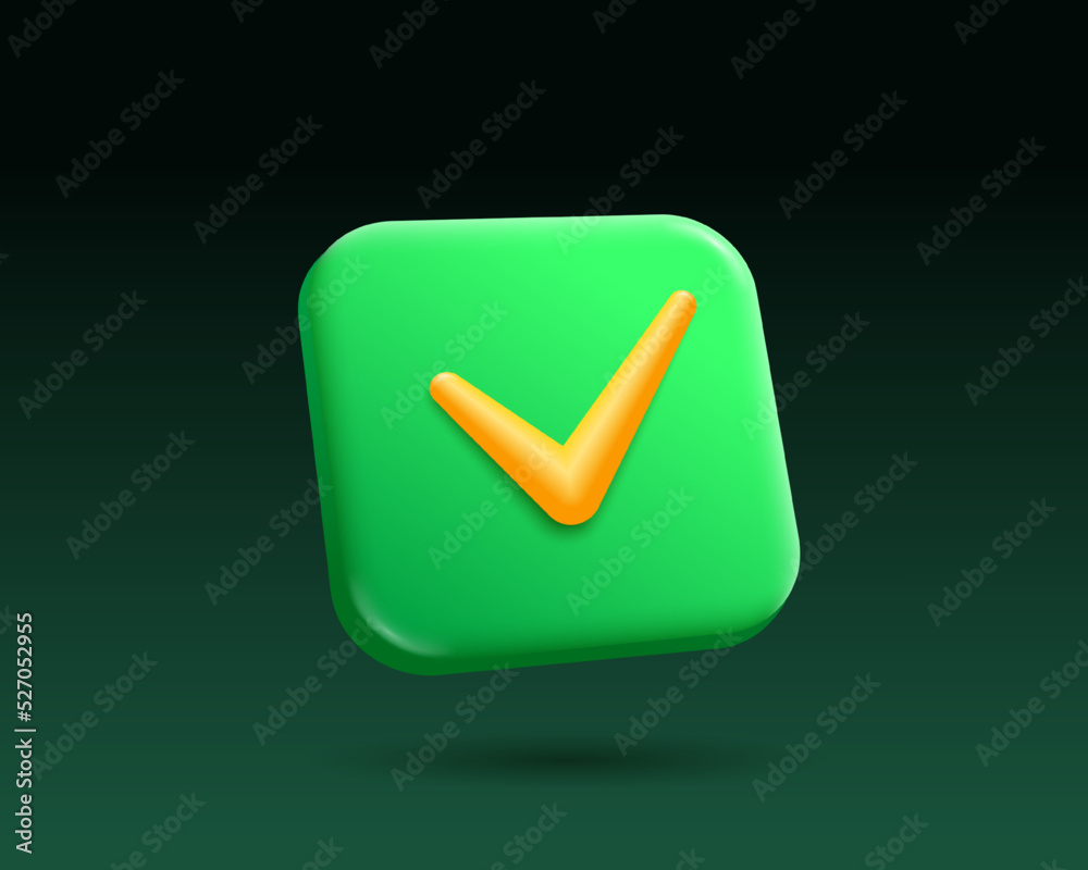 Vecteur Stock Accept tick check mark vector 3d render button. Green gradient app icon background ...