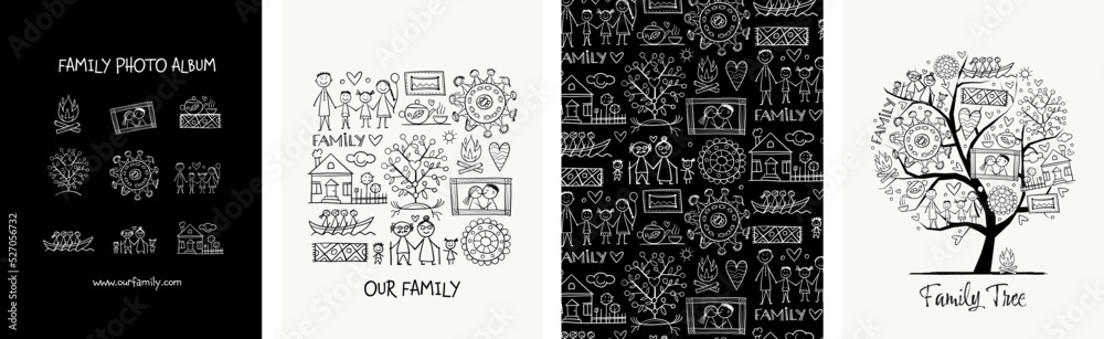 Family concept art collection. Frame, background, tree, icons. Set for ...