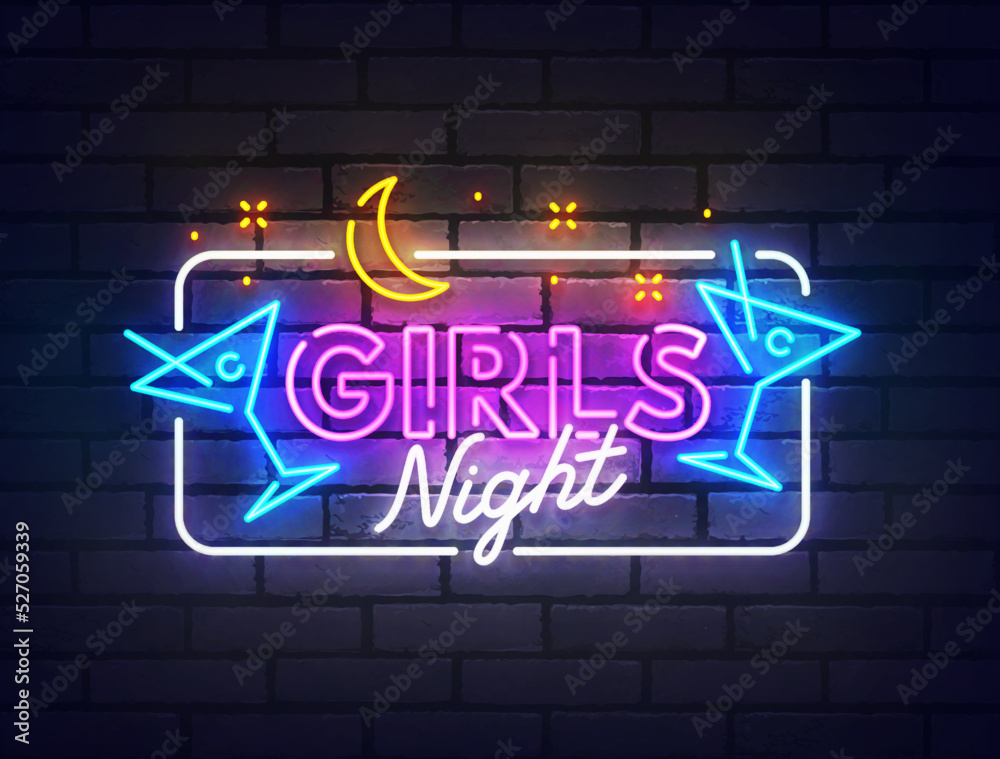 Girls night neon sign, bright signboard, light banner. Girls night logo ...