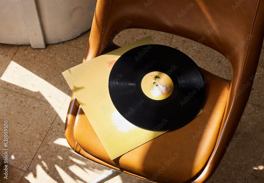 Vinyl Sleeve and Disk Mockup on Chair Stock Template | Adobe Stock