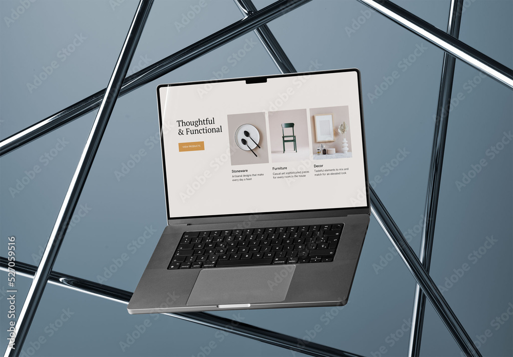 Modern Laptop Mockup Floating with Tubes Stock Template | Adobe Stock