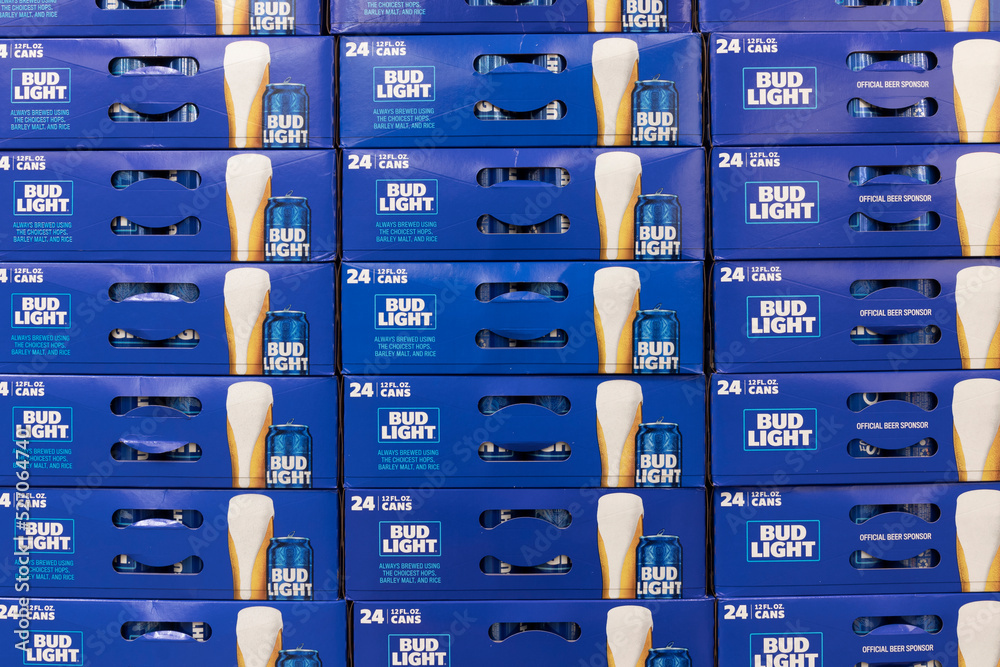 Bud Light beer display. Budweiser is part of AB InBev, the largest beer ...