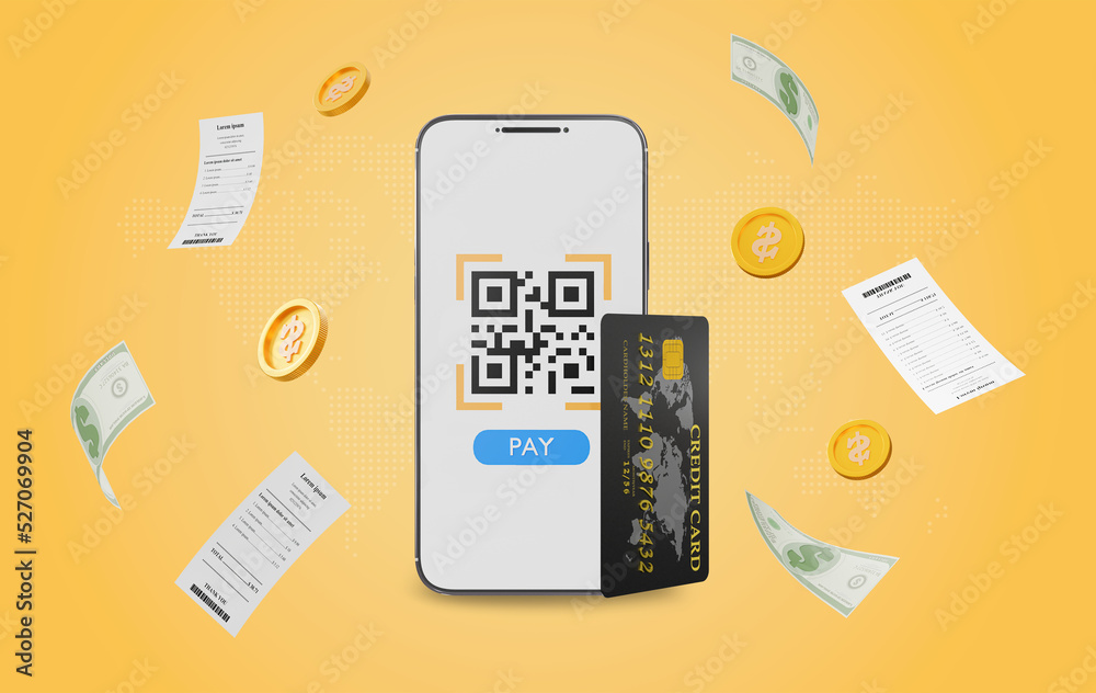 3d rendering of qr code scanning and online mobile payment with credit ...