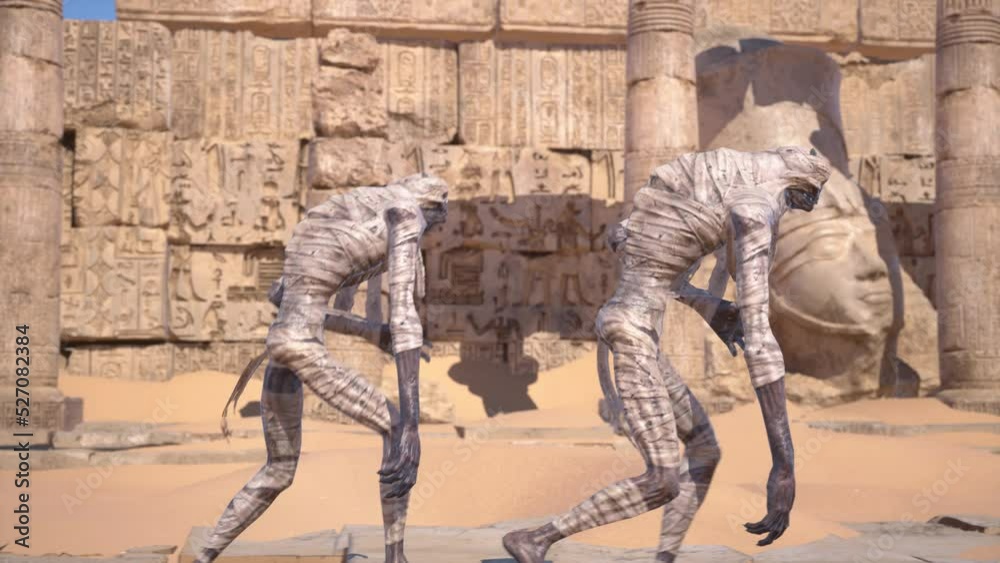 Group of Mummies Walk in an Egyptian Temple Columns 3D Rendering ...