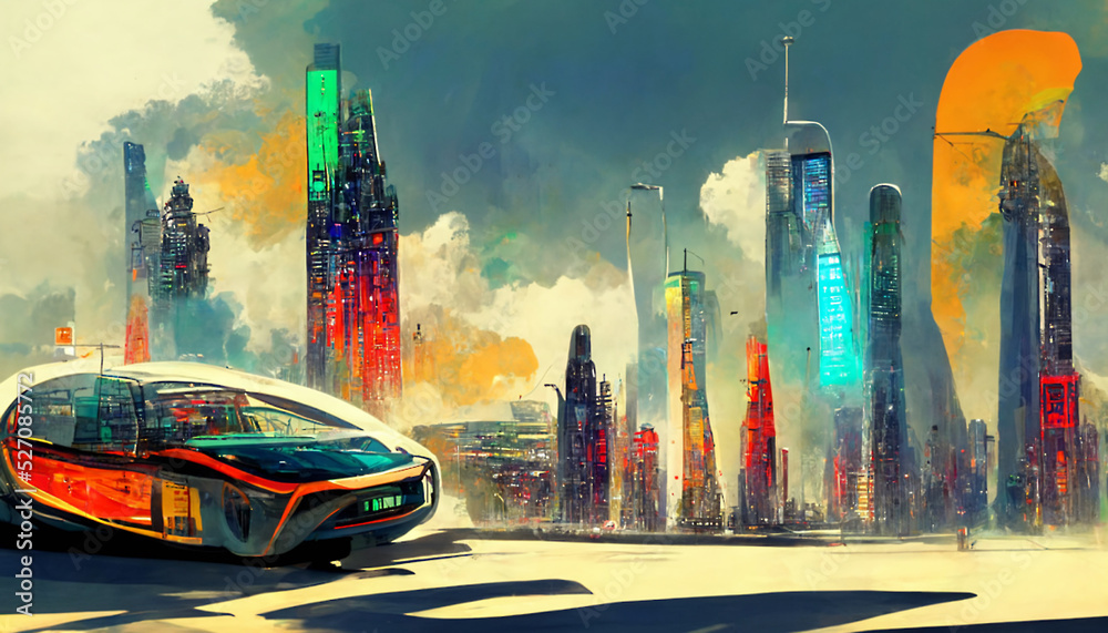 The digital painting of EV car and the city in the future, Ai Art Stock ...