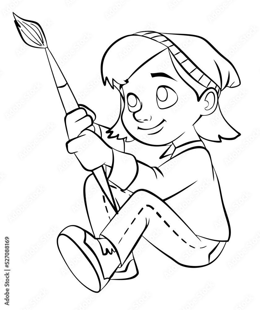 The girl is painting. Element for coloring page. Cartoon style. Stock ...