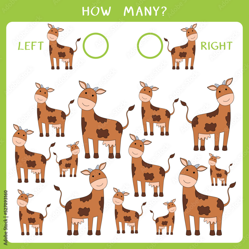 Simple educational game for kids. Count how many cows go to the left ...