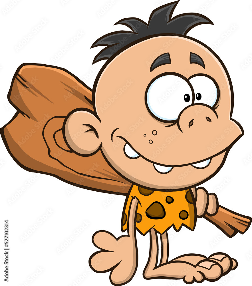 Caveman Kid Cartoon Character With Club. Vector Hand Drawn Illustration ...
