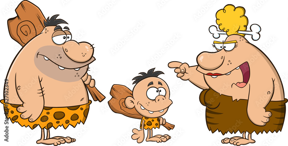 Caveman Family Man Father Kid Boy And Angry Cave Woman Mother Talking ...