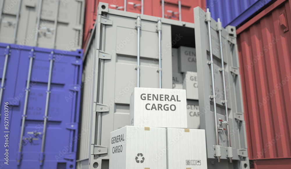 Cartons with General cargo text and shipping containers in the port ...