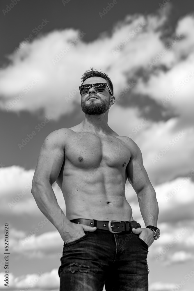 Shirtless playboy bodybuilder. Muscular sexy handsome man posing ...